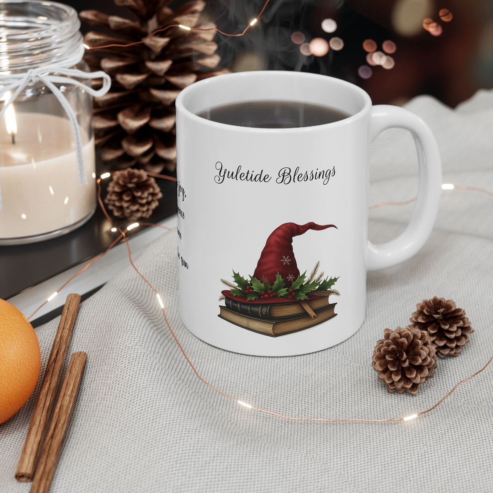 Yuletide Blessings Mug, Festive Witch Hat Coffee Mug, Winter Solstice