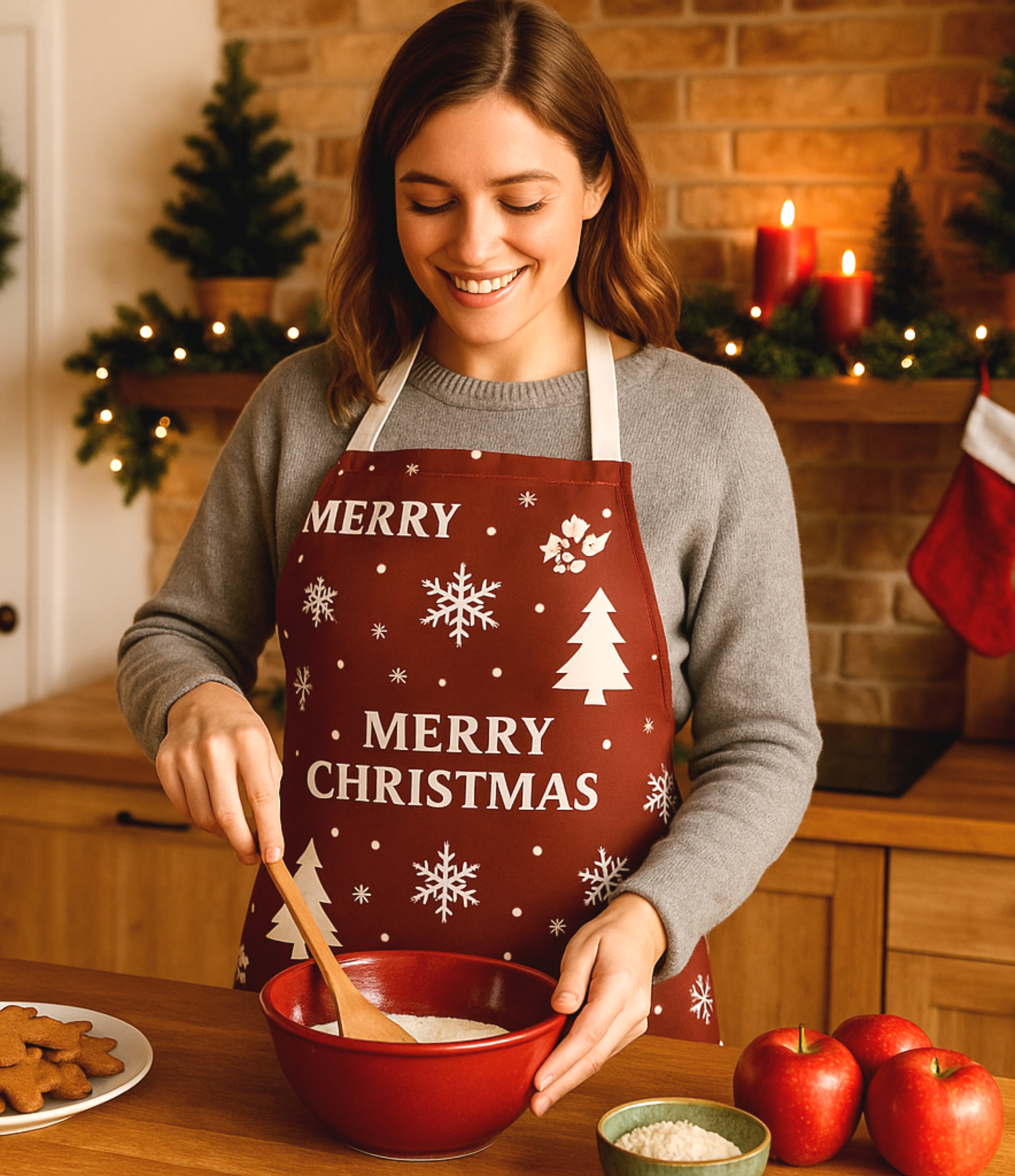 Christmas Apron – 'Merry Christmas' Red Holiday Cooking Apron with Rei